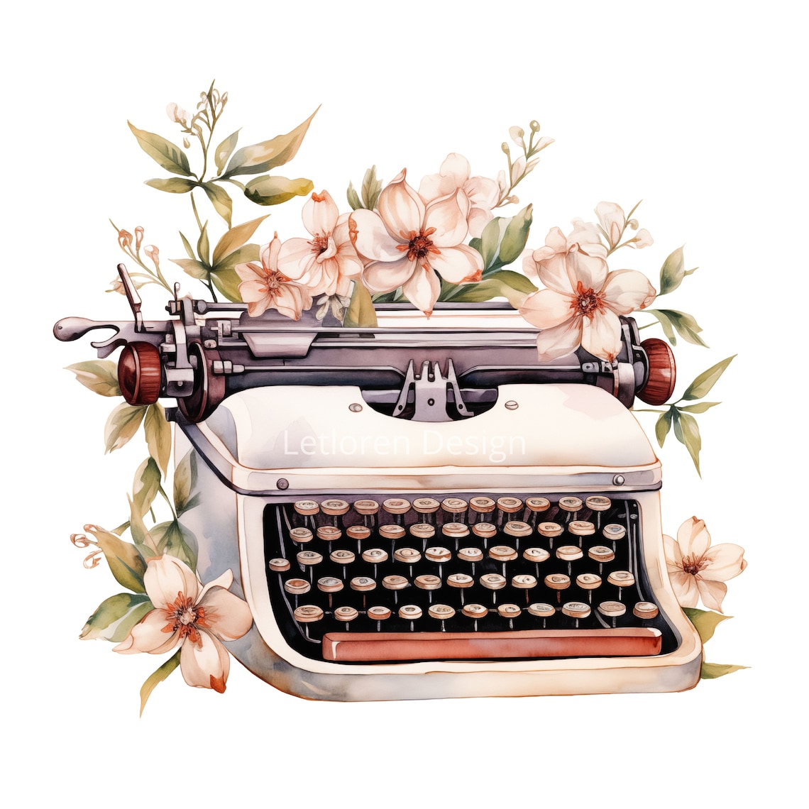 12 Watercolor Typewriter Clipart PNG, Vintage Writer Floral Clipart ...