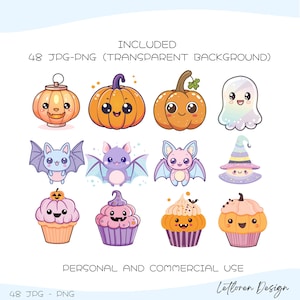 48 Kawaii Halloween Clipart Bundle | Cute Pumpkins, Ghosts, Bats, and ...