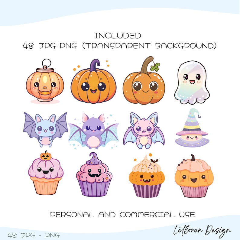 48 Kawaii Halloween Clipart Bundle | Cute Pumpkins, Ghosts, Bats, and ...