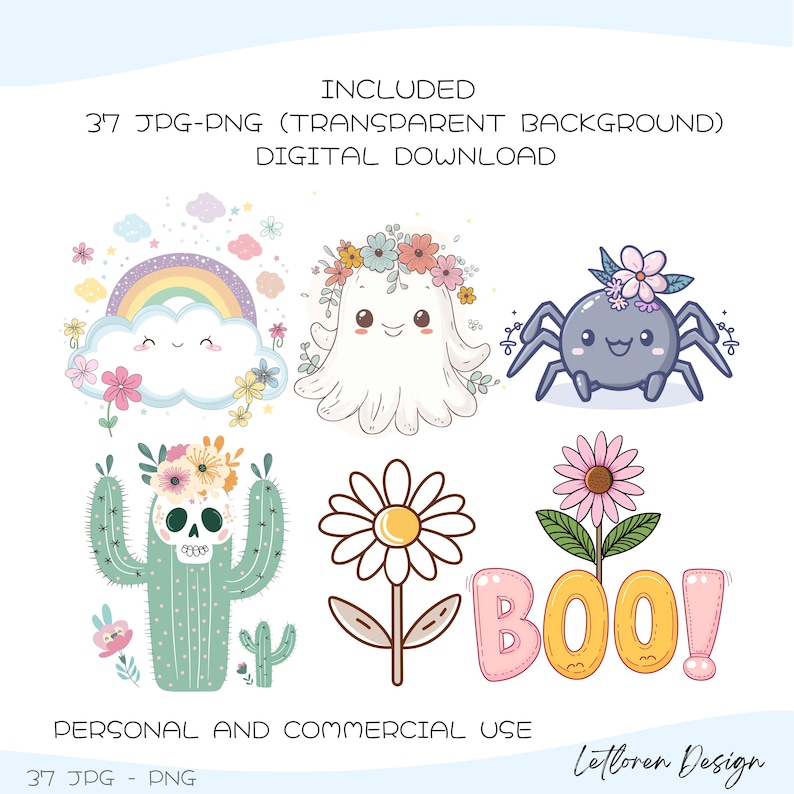 Groovy Retro Flower Ghost Clipart Bundle Halloween Spooky Girly Png ...