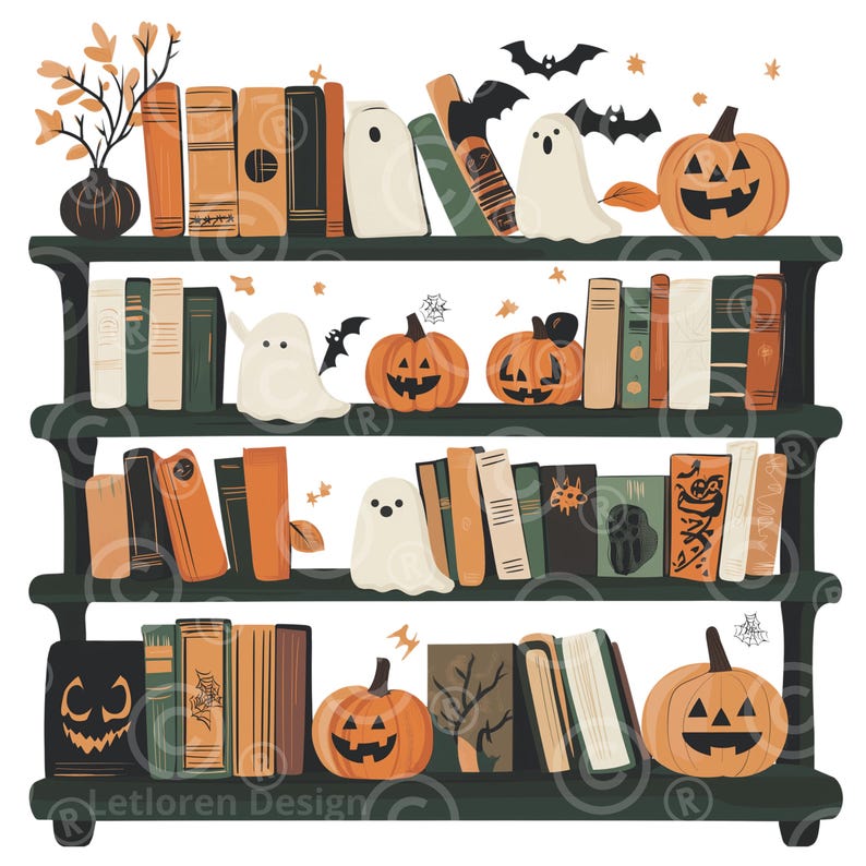 10 Halloween Library Clipart - Retro Bookshelf Designs, Halloween PNG ...