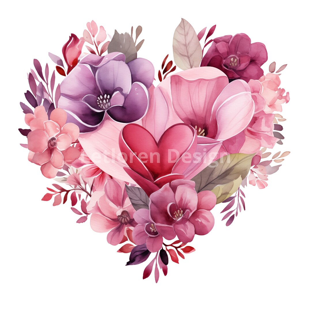 Watercolor Heart Flowers Clipart, 9 High Quality Heart Flowers Pngs ...