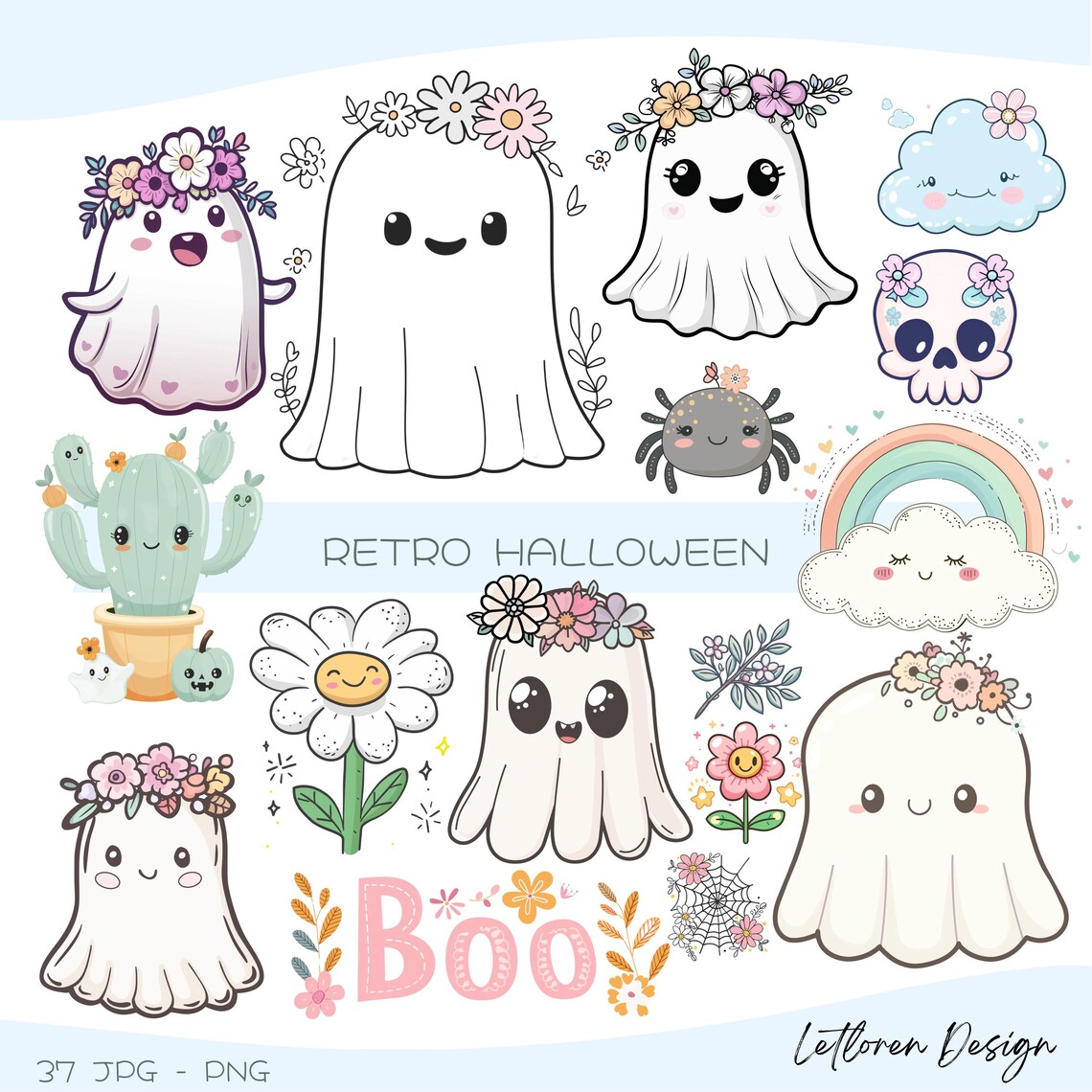 Groovy Retro Flower Ghost Clipart Bundle Halloween Spooky Girly Png ...