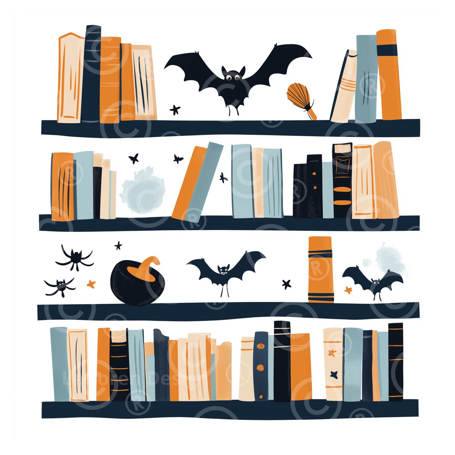 10 Halloween Library Clipart - Retro Bookshelf Designs, Halloween PNG ...