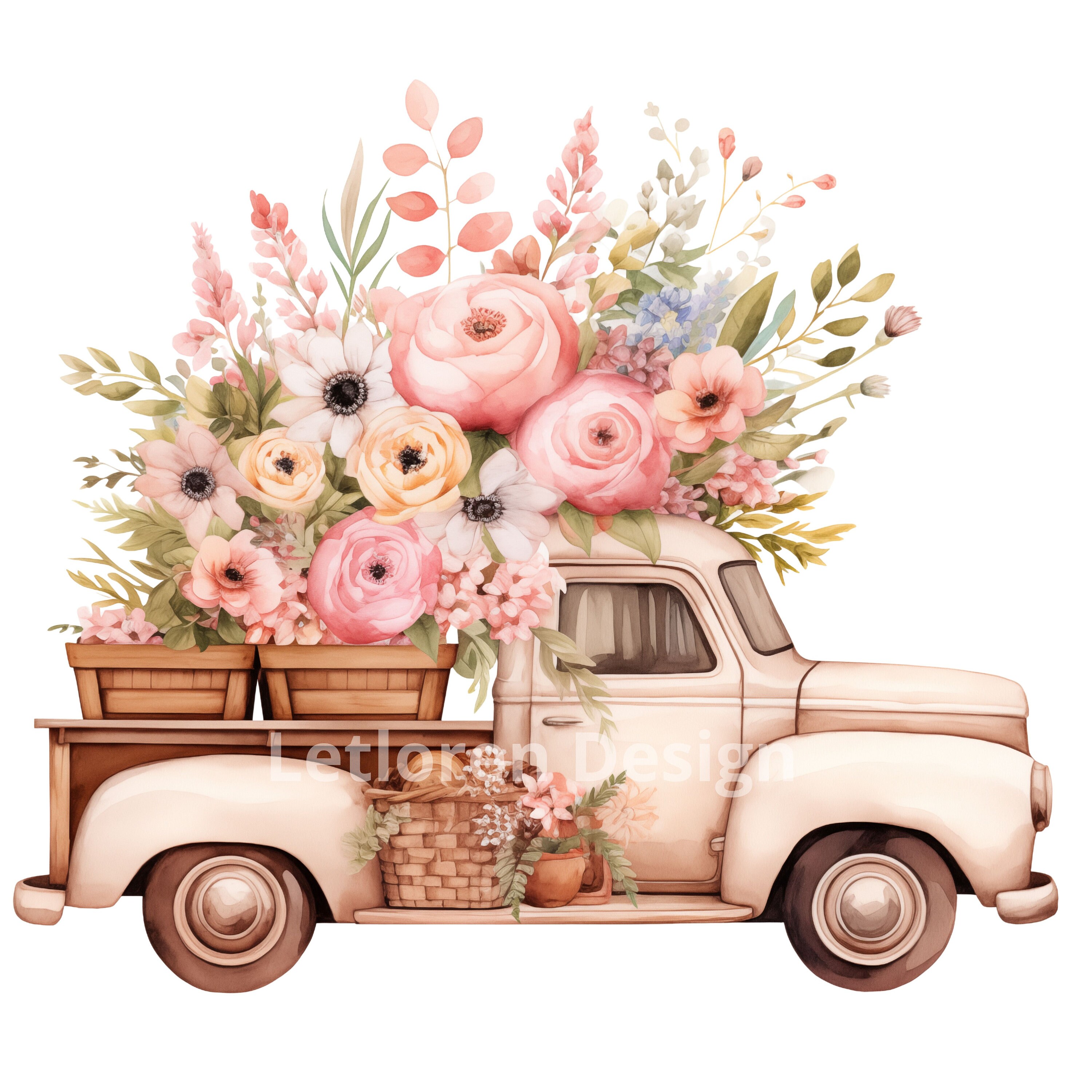 Vintage Watercolor Truck, Farm Fresh Flowers Design, Spring Sublimation ...