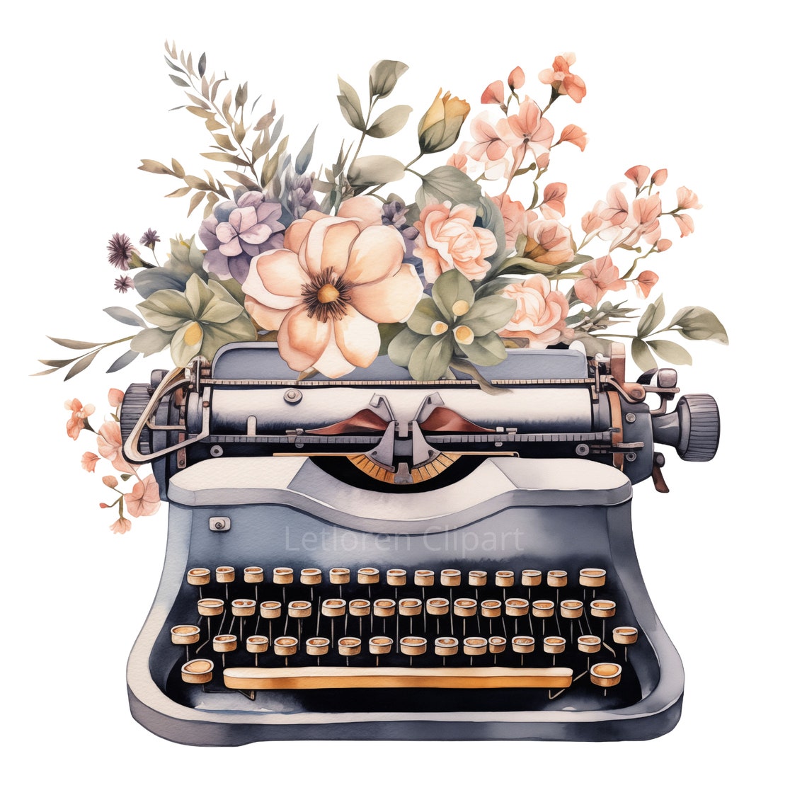 12 Watercolor Typewriter Clipart PNG, Vintage Writer Floral Clipart ...
