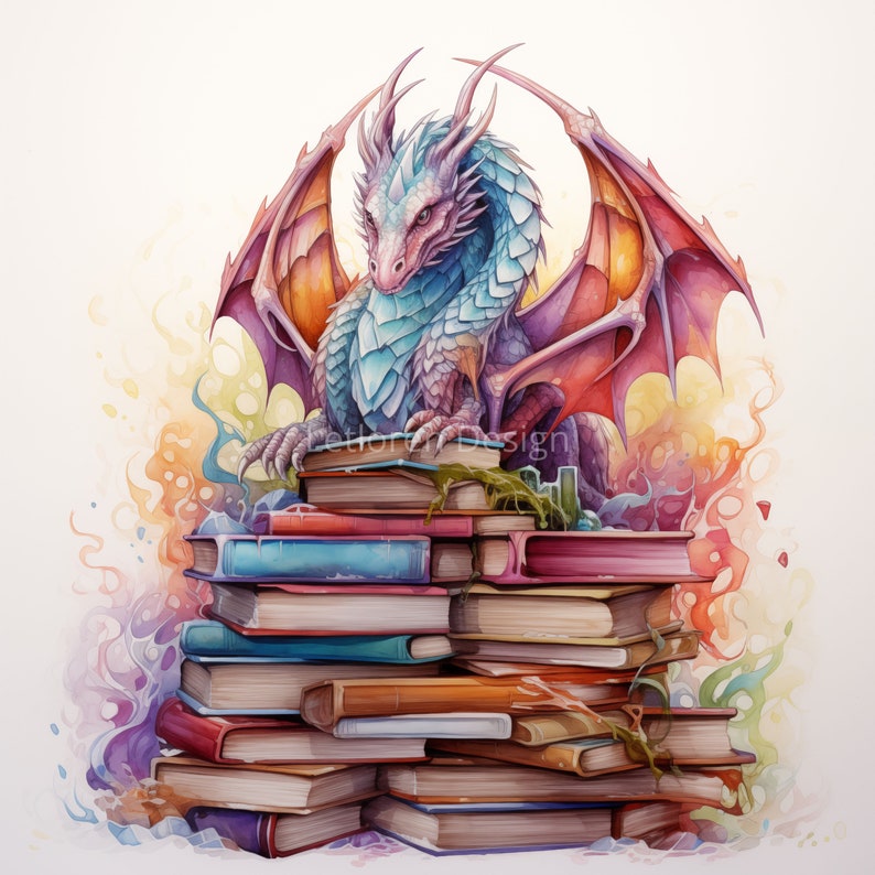 Watercolor Dragon Guarding Books Clipart, 13 High Quality Watercolor ...