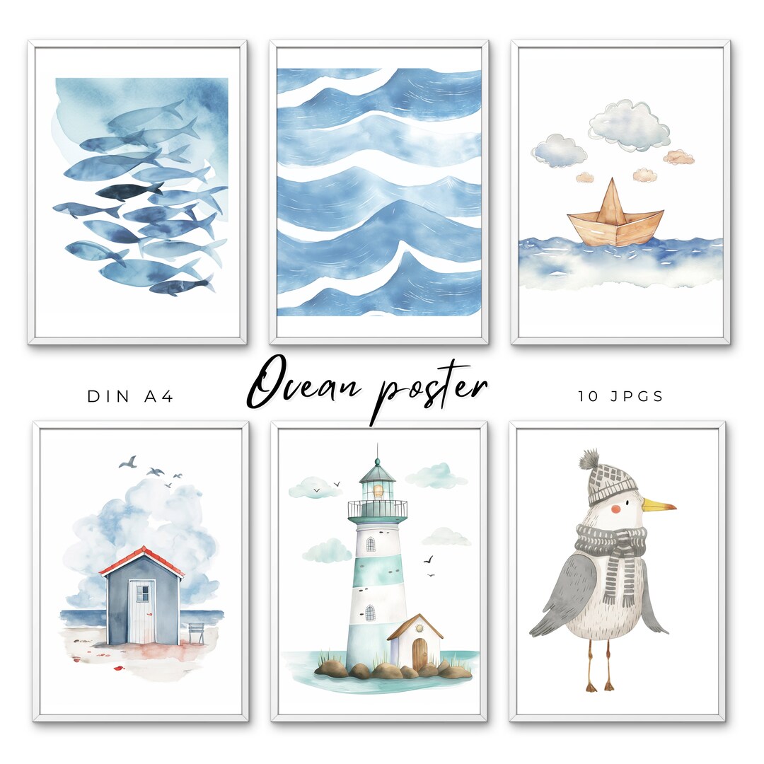 10 Ocean Theme Posters - Coastal Beach House Decor, Nursery Wall Art ...