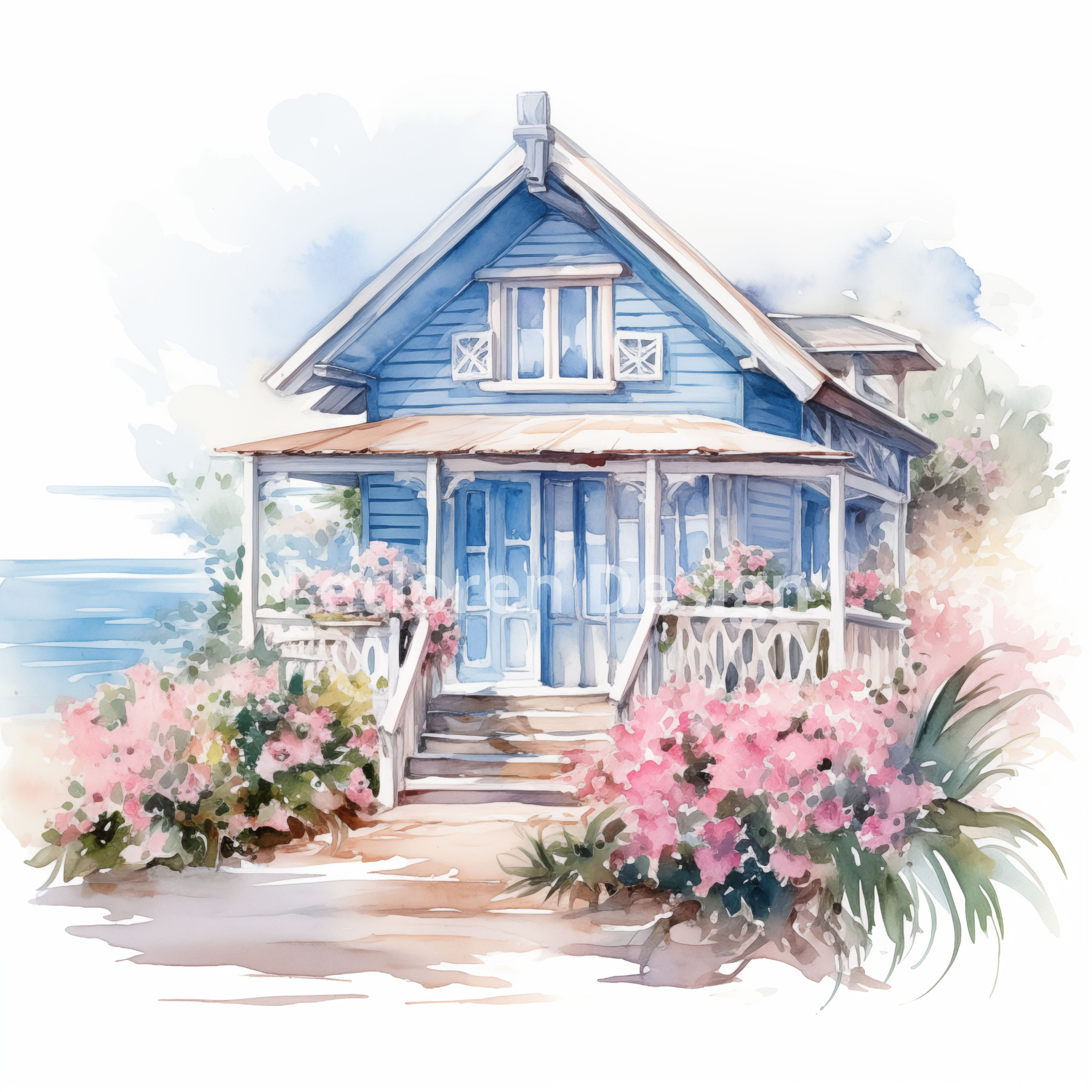 Watercolor Beach House Bundle - Ocean Seascape Cottage - 13 High ...