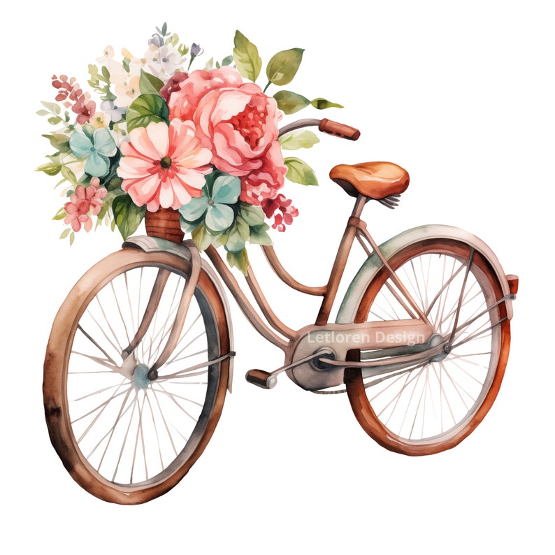 Floral Bicycles Clipart Set, 12 Vintage Bikes With Flowers Png, Wedding ...