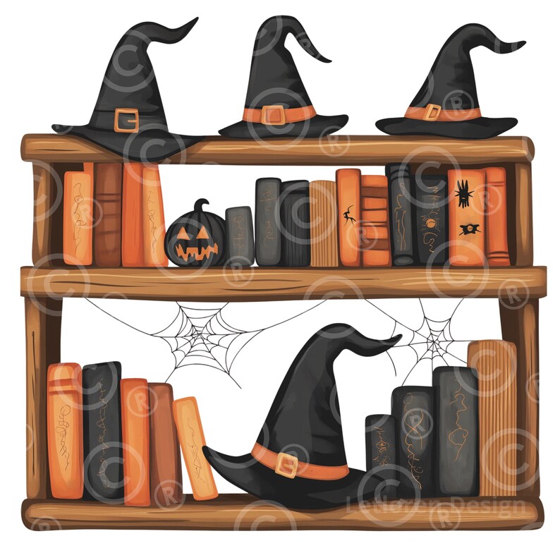 10 Halloween Library Clipart - Retro Bookshelf Designs, Halloween PNG ...