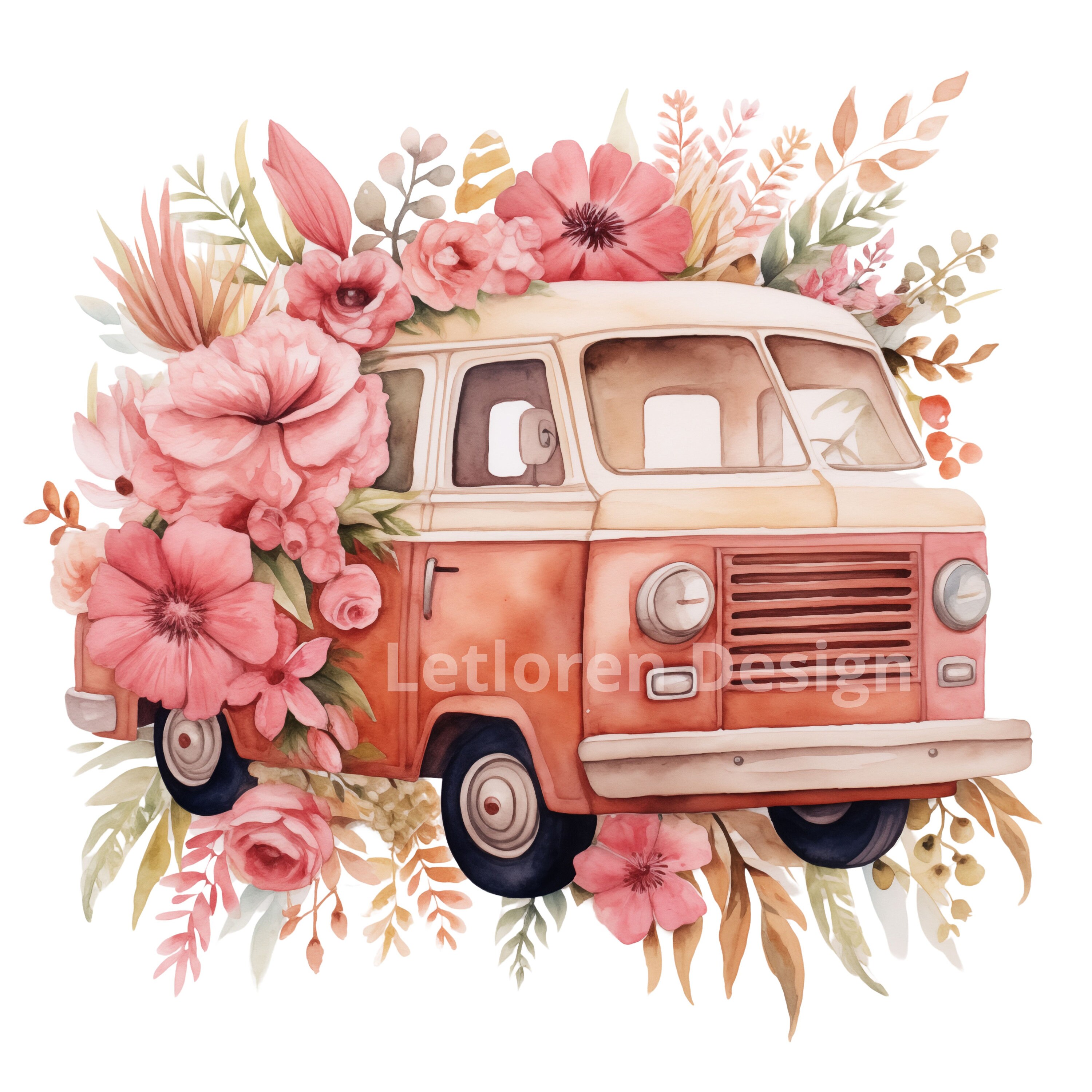 10 Watercolor Retro Hippie Van Clipart, High Quality Png, Groovy Good ...