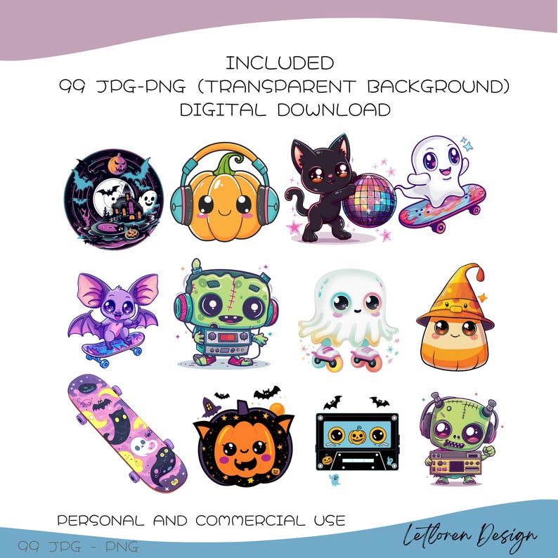 Retro Halloween Clipart Bundle | 99 Kawaii Cute PNG & JPG | Ghosts ...