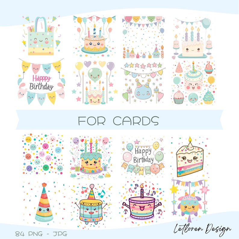 84 Kawaii Birthday Clipart Bundle | Cute Balloons, Confetti, Cakes, and ...