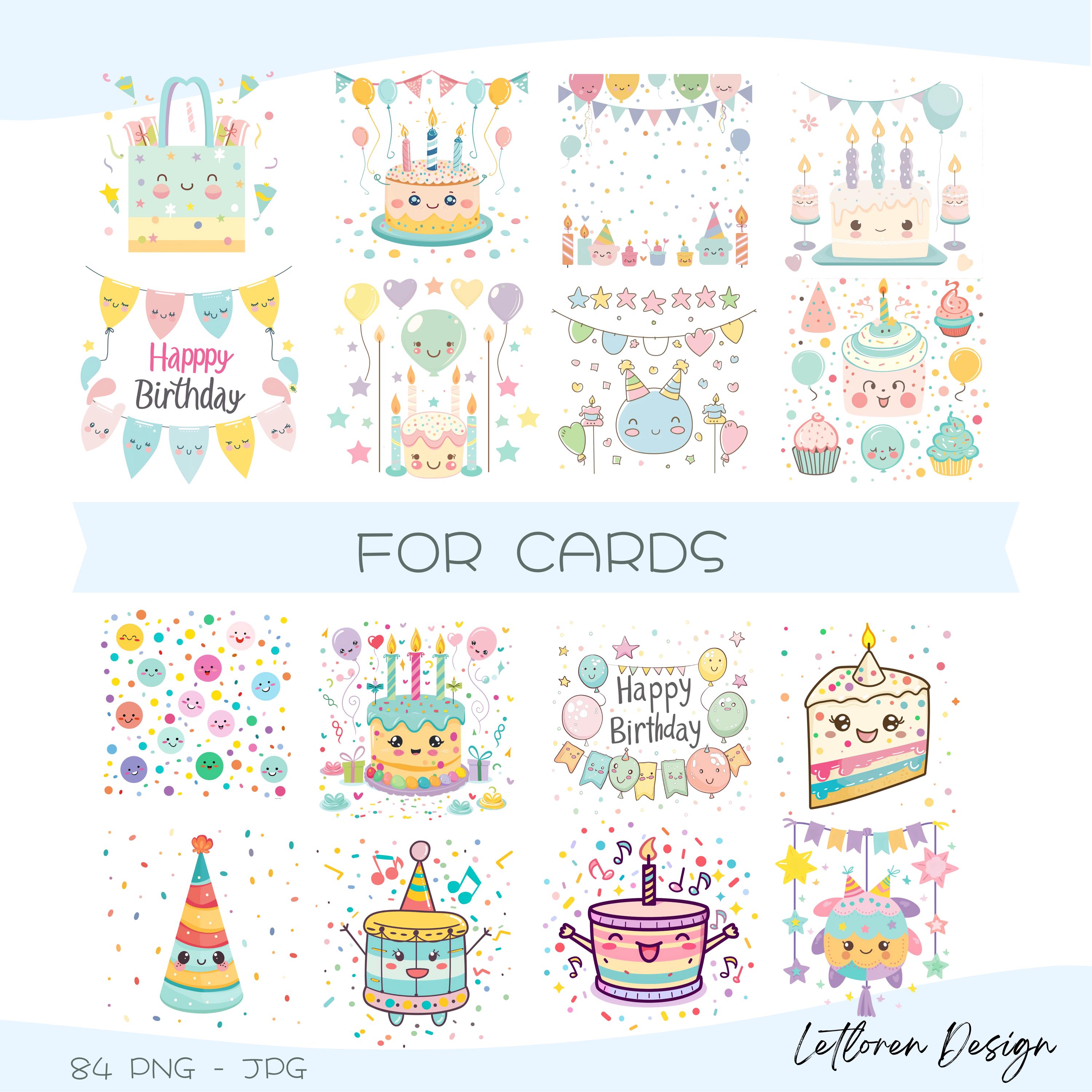 84 Kawaii Birthday Clipart Bundle | Cute Balloons, Confetti, Cakes, and ...