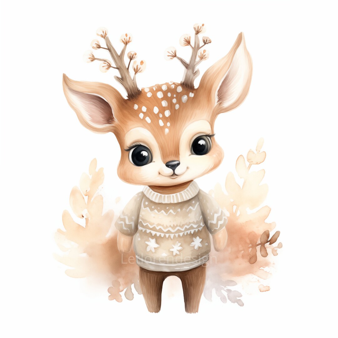 10 Christmas Baby Deer Clipart, Whimsical Watercolor Boho Baby Deer Toy ...
