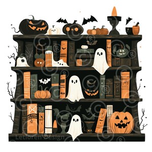 10 Halloween Library Clipart - Retro Bookshelf Designs, Halloween PNG ...