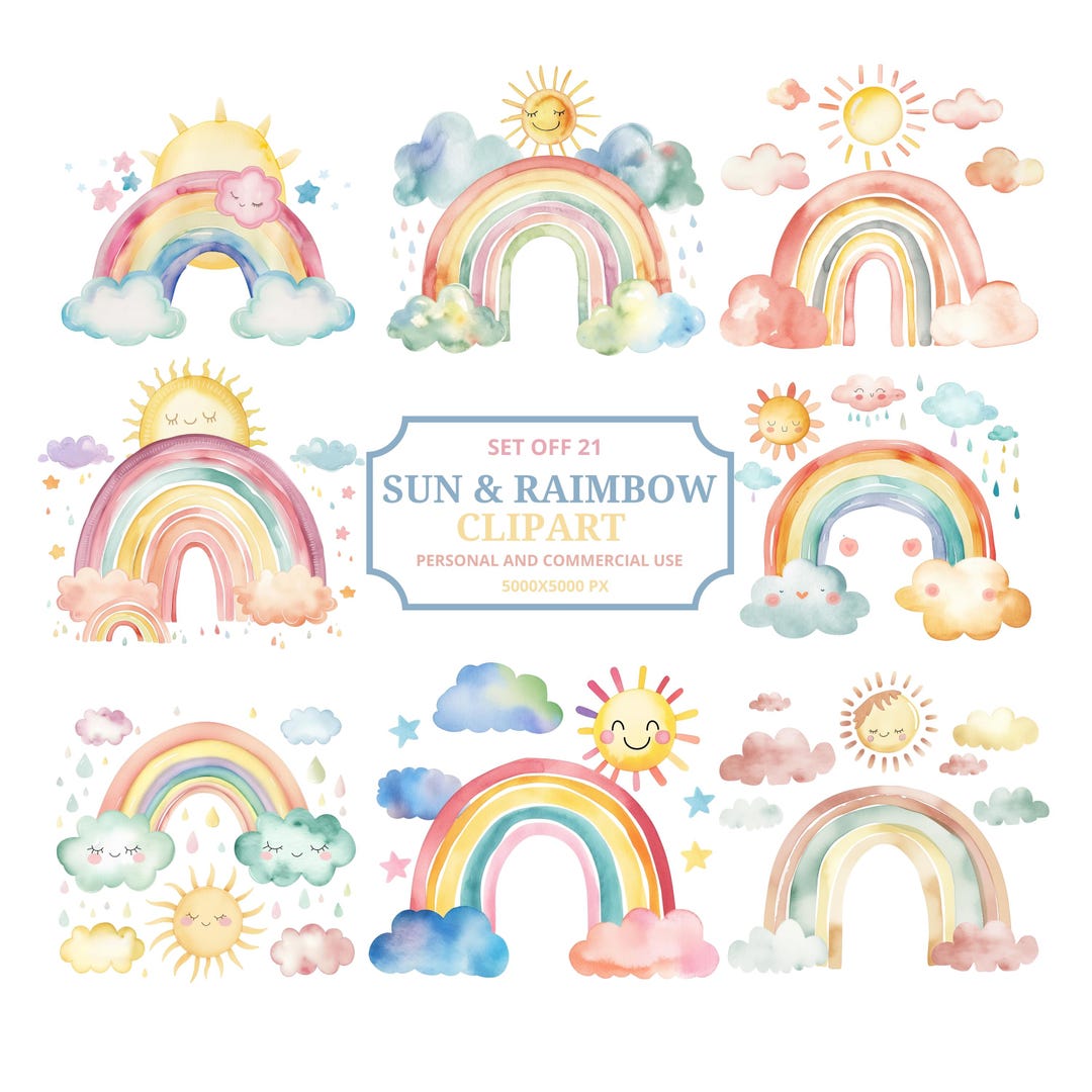 21 Sun and Rainbow Clipart Bundle, Nursery Watercolor Art, High-quality ...