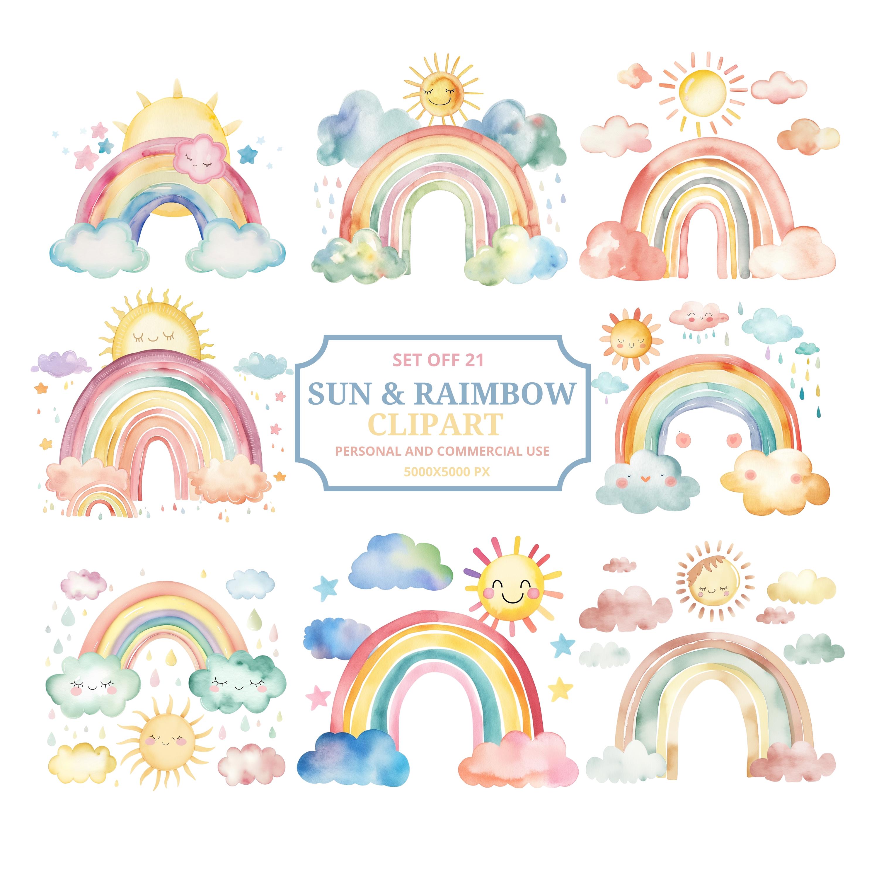 21 Sun and Rainbow Clipart Bundle, Nursery Watercolor Art, High-quality ...