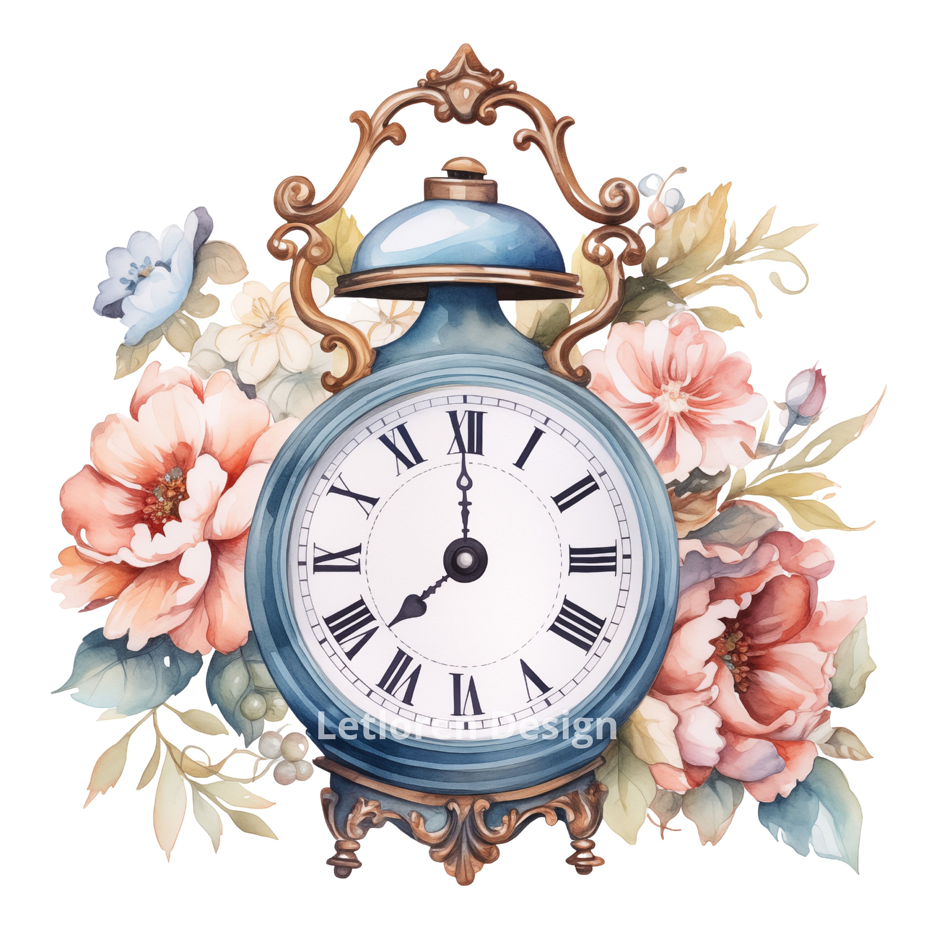 Watercolor Floral Vintage Clock PNG Bundle, Digital Crafts Designs ...