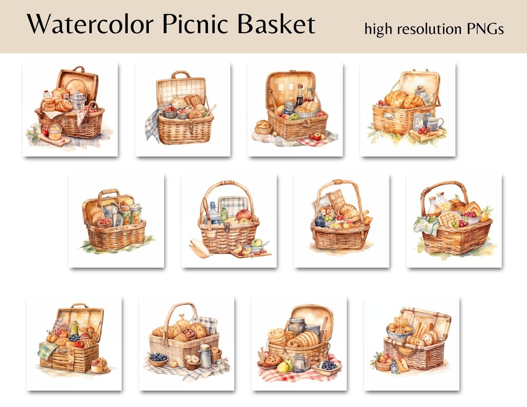 Cottagecore Picnic Clipart Bundle, Watercolor Picnic Basket Clip Art ...
