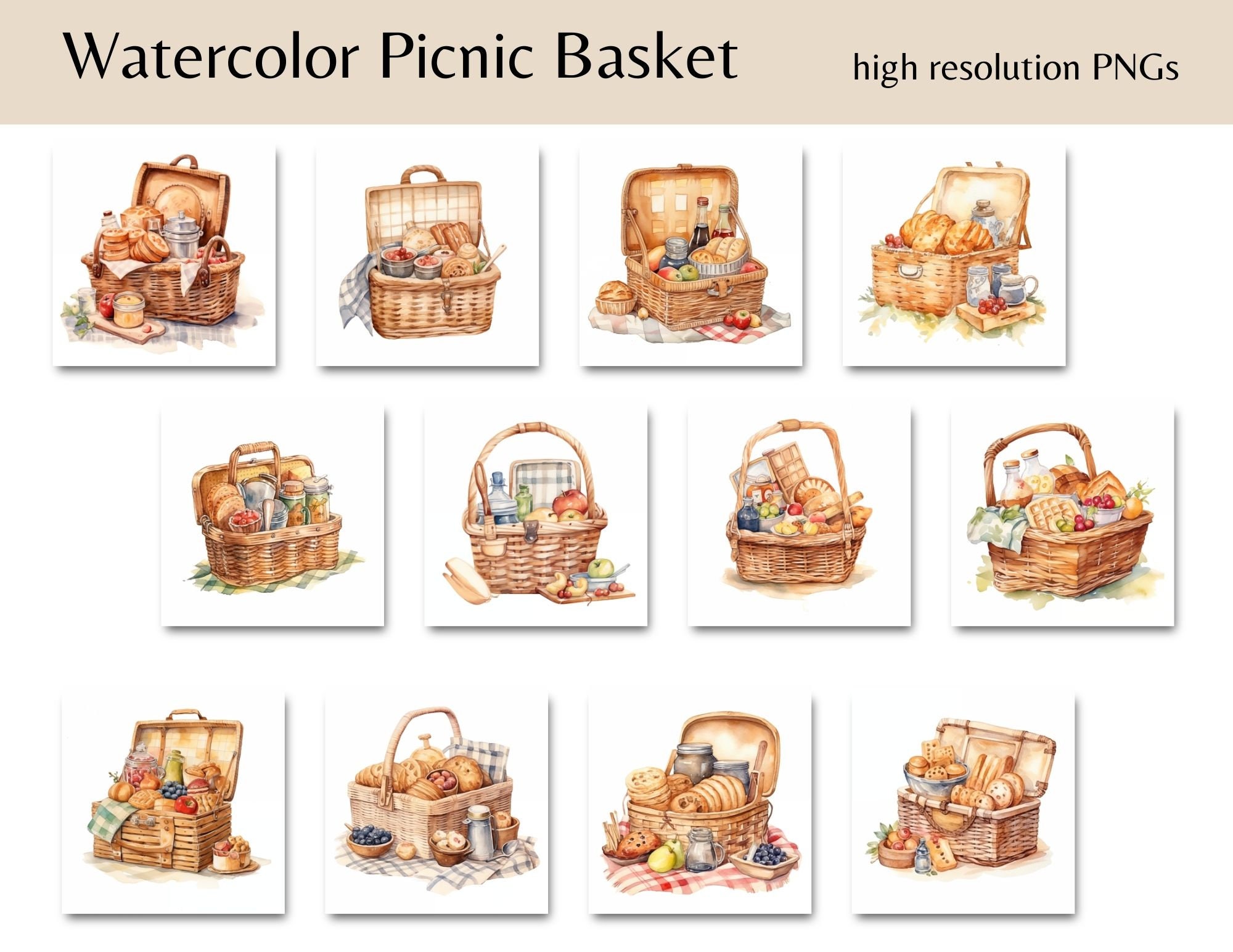 Cottagecore Picnic Clipart Bundle, Watercolor Picnic Basket Clip Art ...