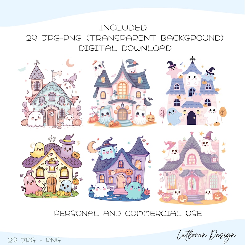 Kawaii Halloween Haunted House Clipart Bundle | Cute Spooky Houses PNG ...