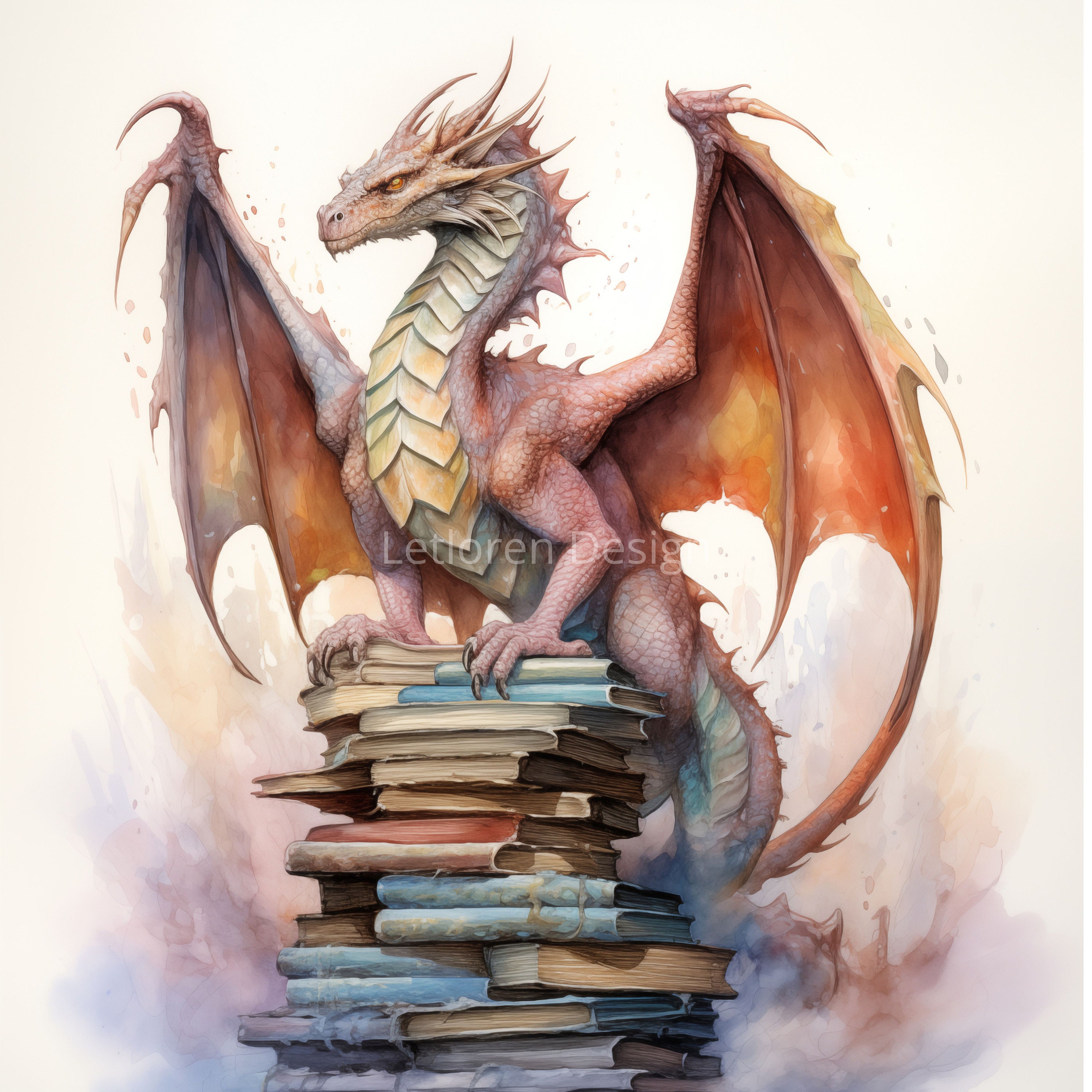 Watercolor Dragon Guarding Books Clipart, 13 High Quality Watercolor ...
