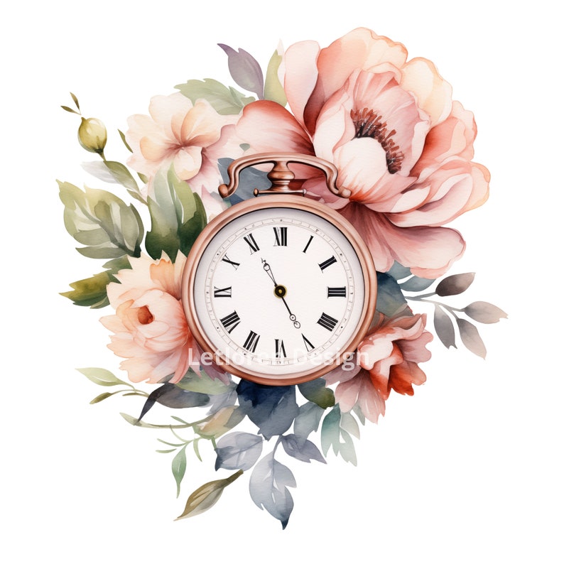 Watercolor Floral Vintage Clock PNG Bundle, Digital Crafts Designs ...