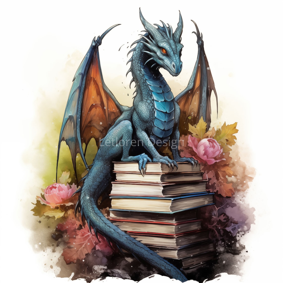 Watercolor Dragon Guarding Books Clipart, 13 High Quality Watercolor ...