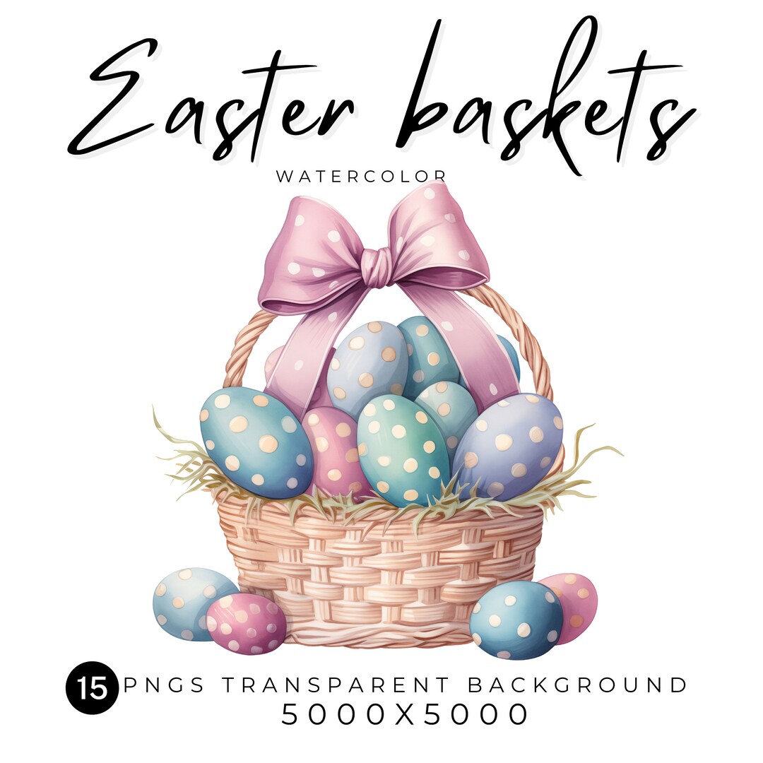 15 Watercolor Easter Egg Basket Clipart Pack | Commercial Use Easter ...