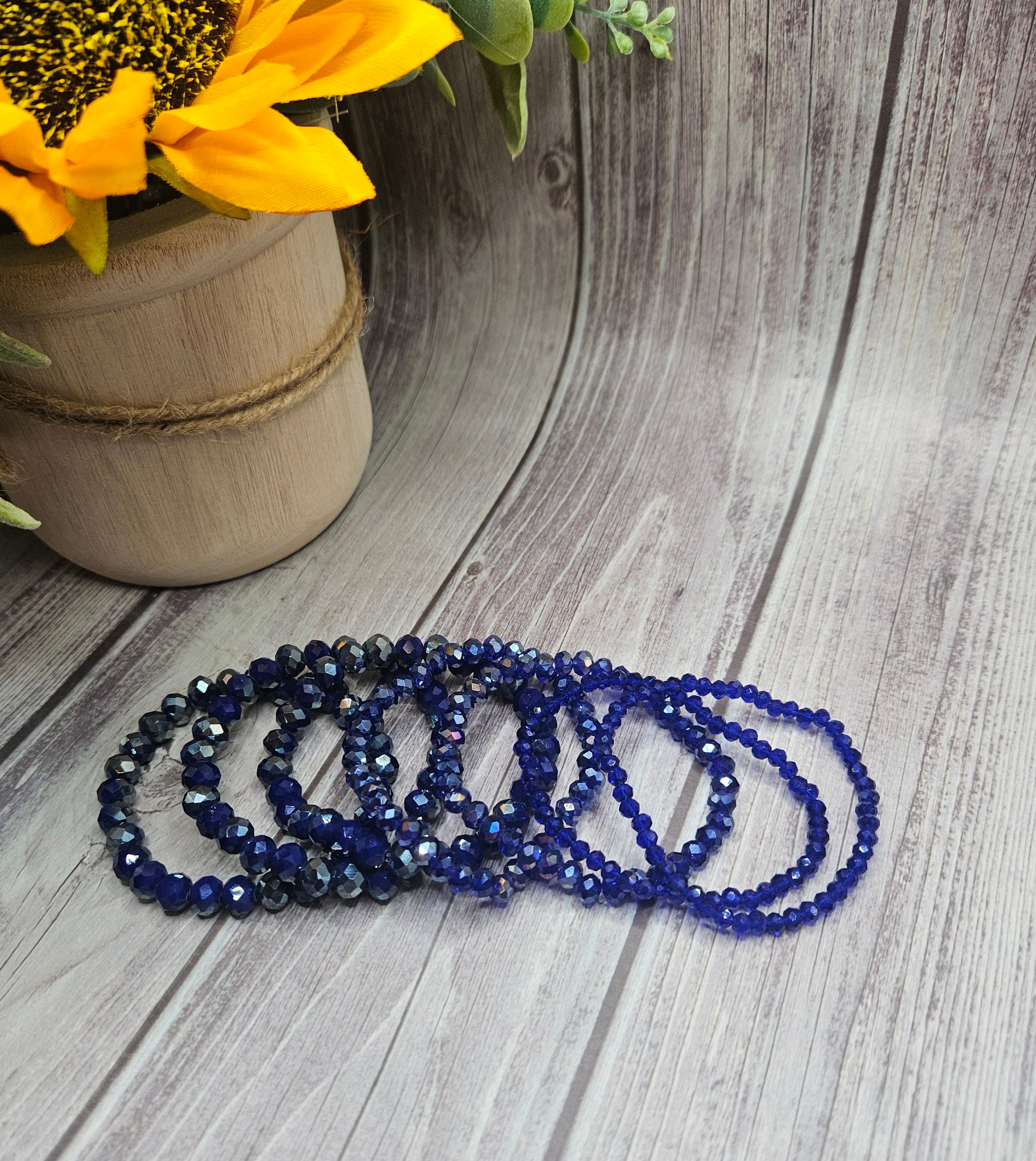 Navy Blue Glass Bead Bracelet, Stack of 7 Stretch Bracelets, Gift for ...