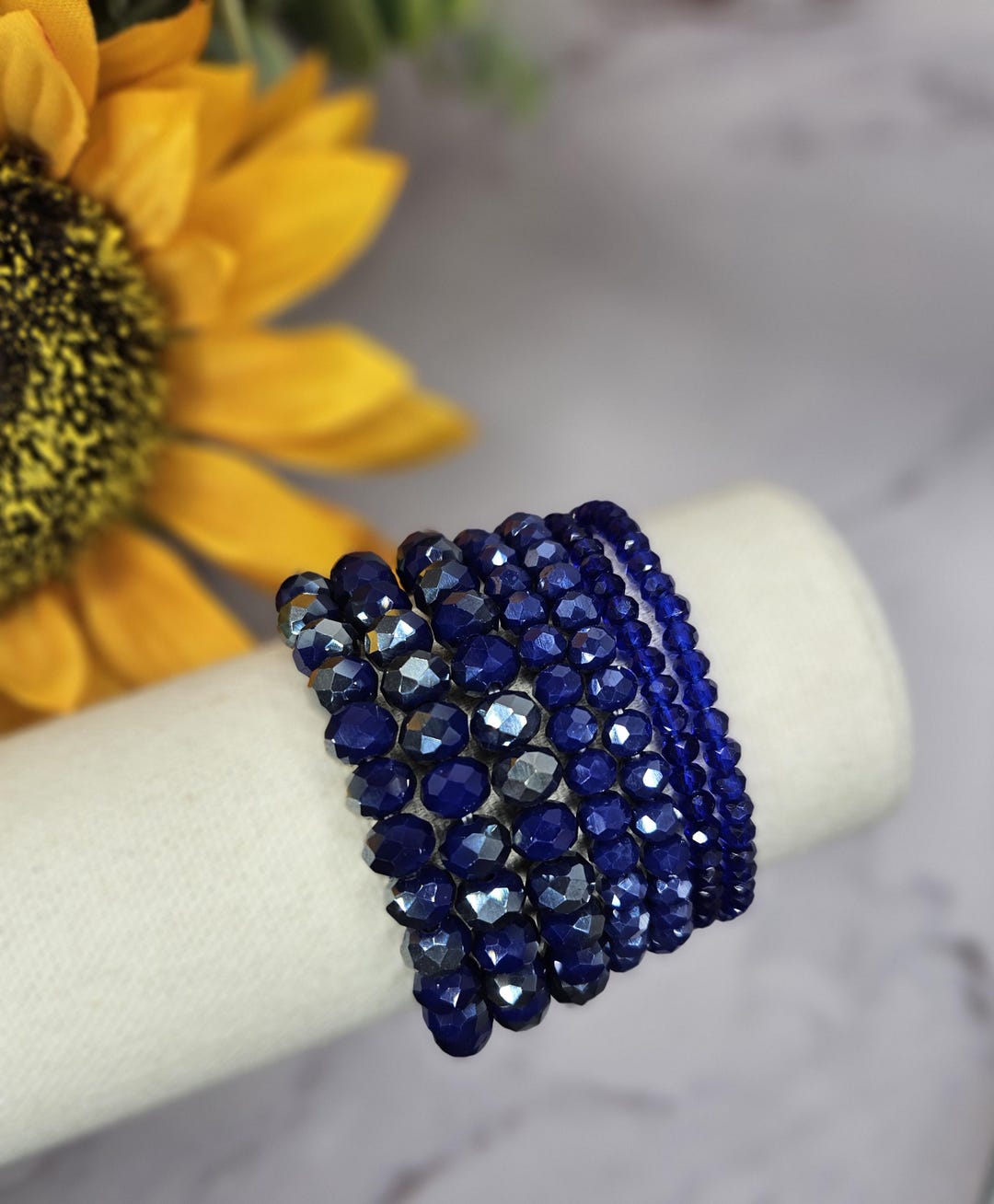 Navy Blue Glass Bead Bracelet, Stack of 7 Stretch Bracelets, Gift for ...
