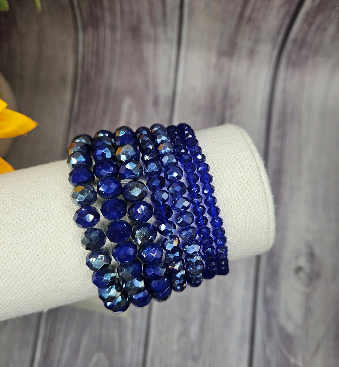 Navy Blue Glass Bead Bracelet, Stack of 7 Stretch Bracelets, Gift for ...