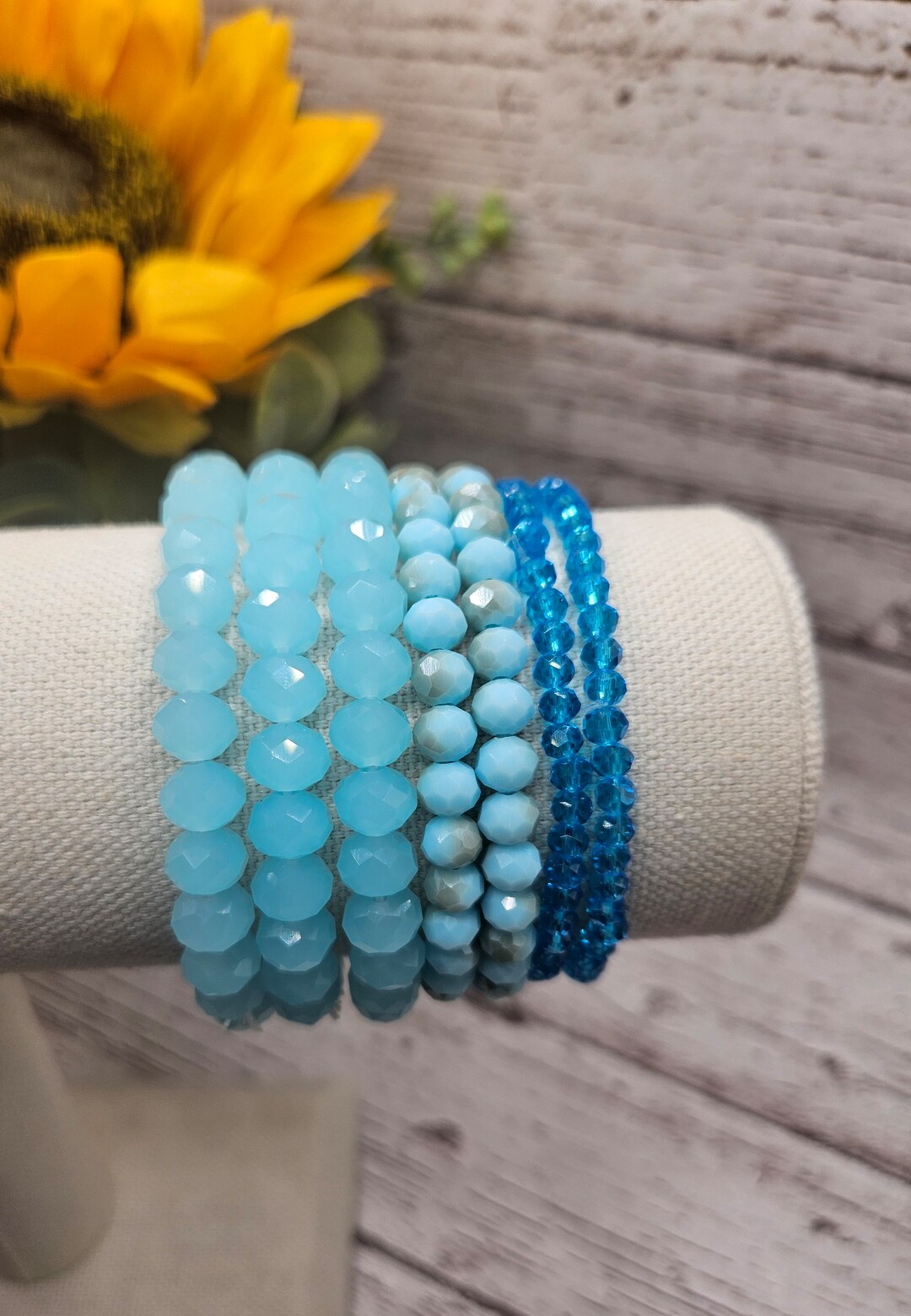 Light Blue Glass Bead Bracelet, Stack of 7 Stretch Bracelets, Gift for ...