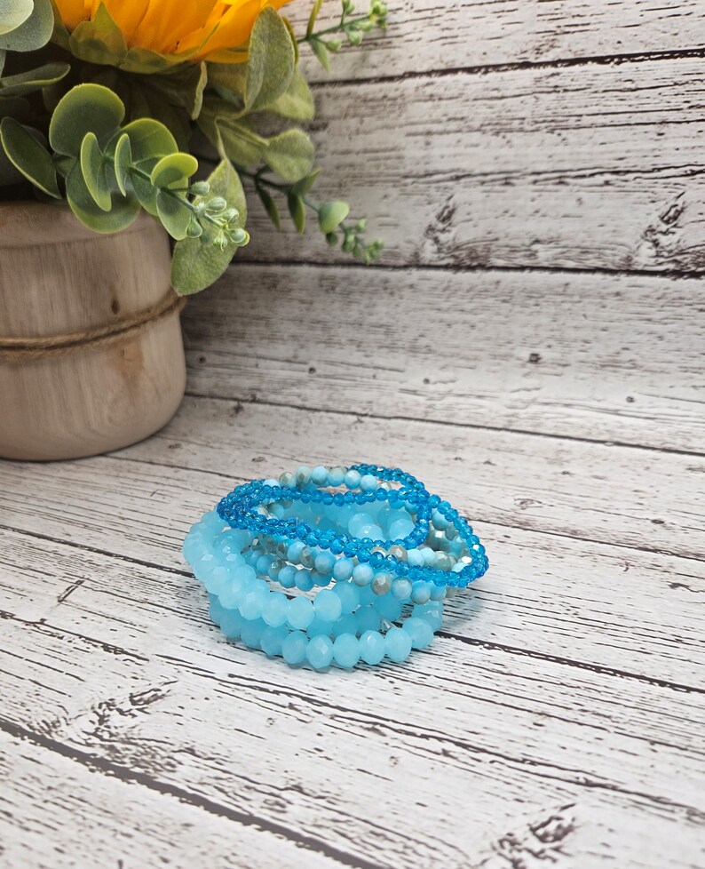 Light Blue Glass Bead Bracelet, Stack of 7 Stretch Bracelets, Gift for ...