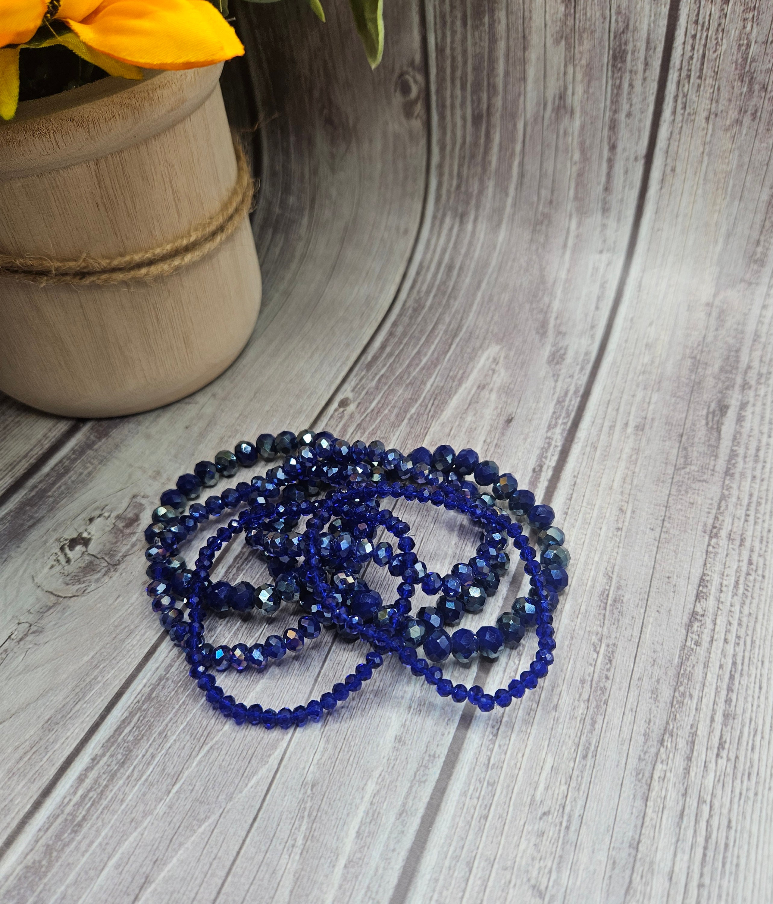 Navy Blue Glass Bead Bracelet, Stack of 7 Stretch Bracelets, Gift for ...