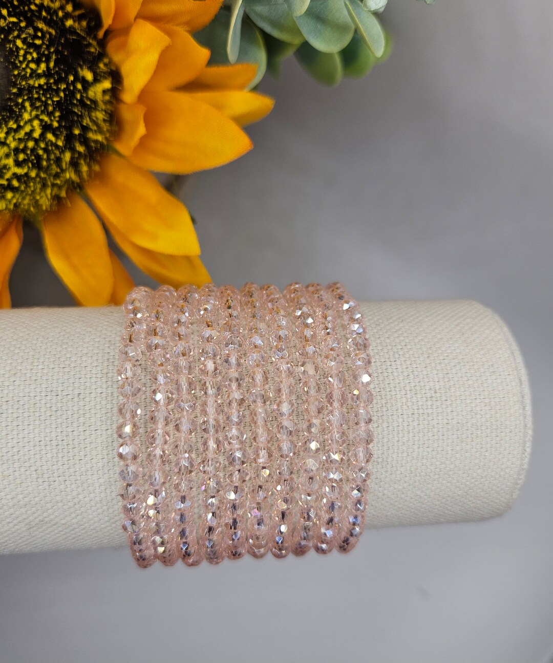 Light Pink Small Glass Beaded Bracelets, Stack of 10 Stretch Beaded ...