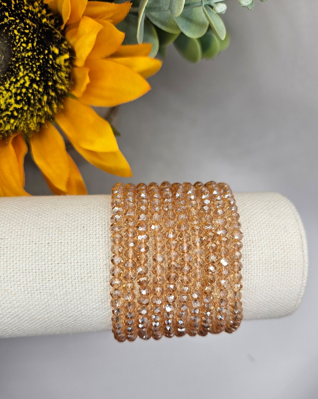 Champagne Color Small Glass Beaded Bracelets, Stack of 10 Stretch ...