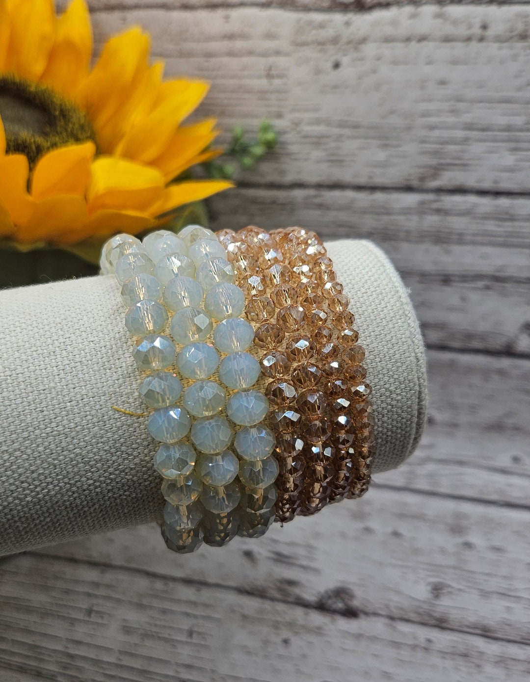White Champagne Glass Bead Bracelet, Stack of 7 Stretch Bracelets, Gift ...