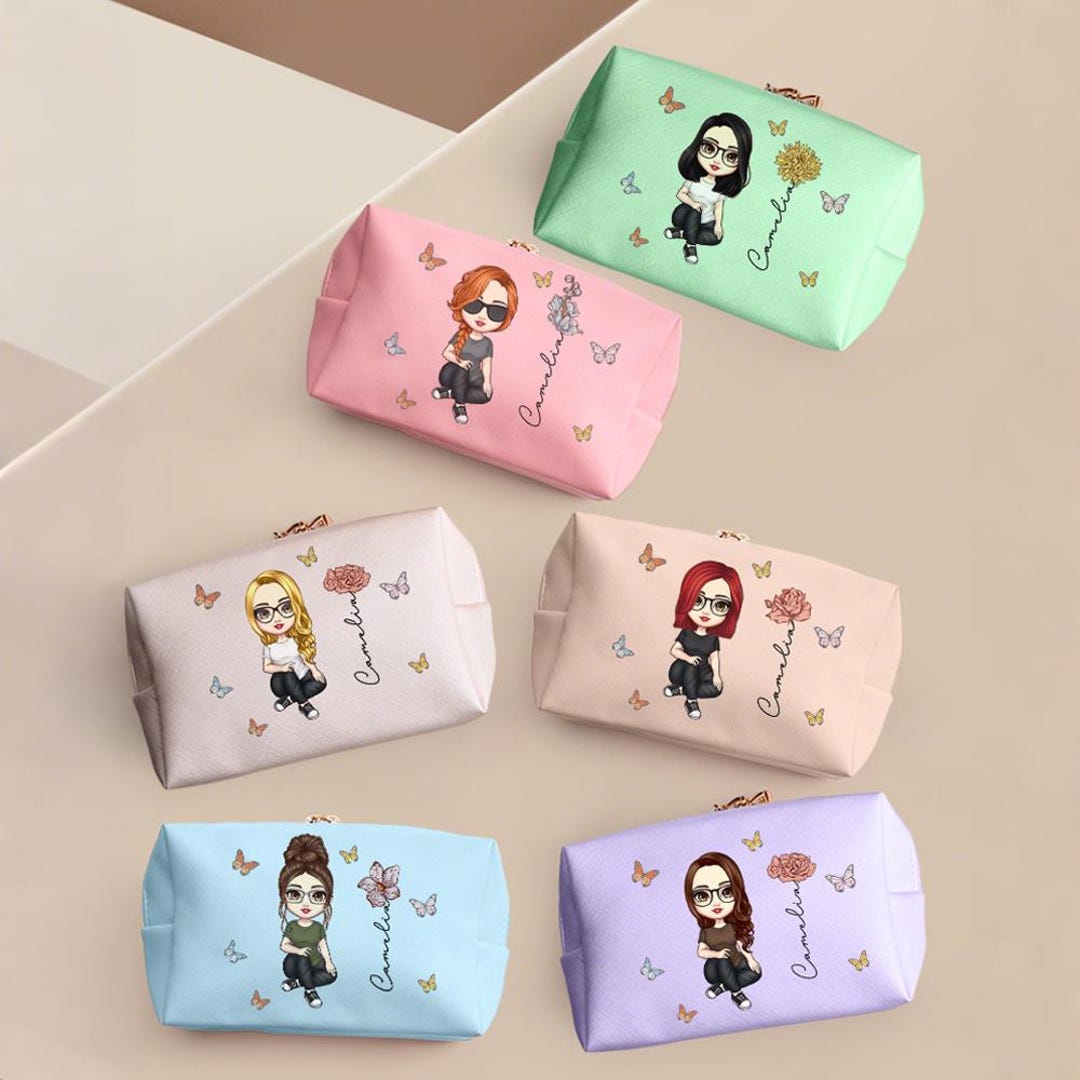 Personalized Cartoon Character Makeup Bag With Birth Flower PU Leather ...