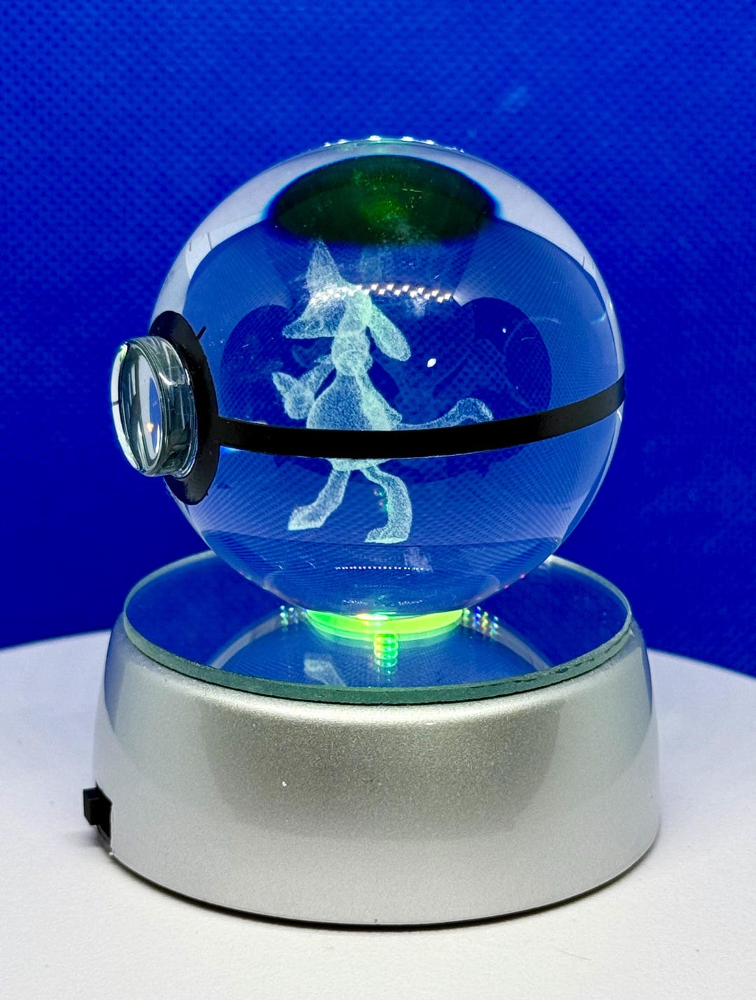 Glass Pokémon Pokeball With Etched Lacario and Color Light Stand - Etsy