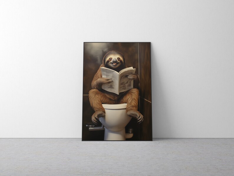 Sloth Sitting on Toilet and Reading a Newspaper, Funny Animal Wall Art ...