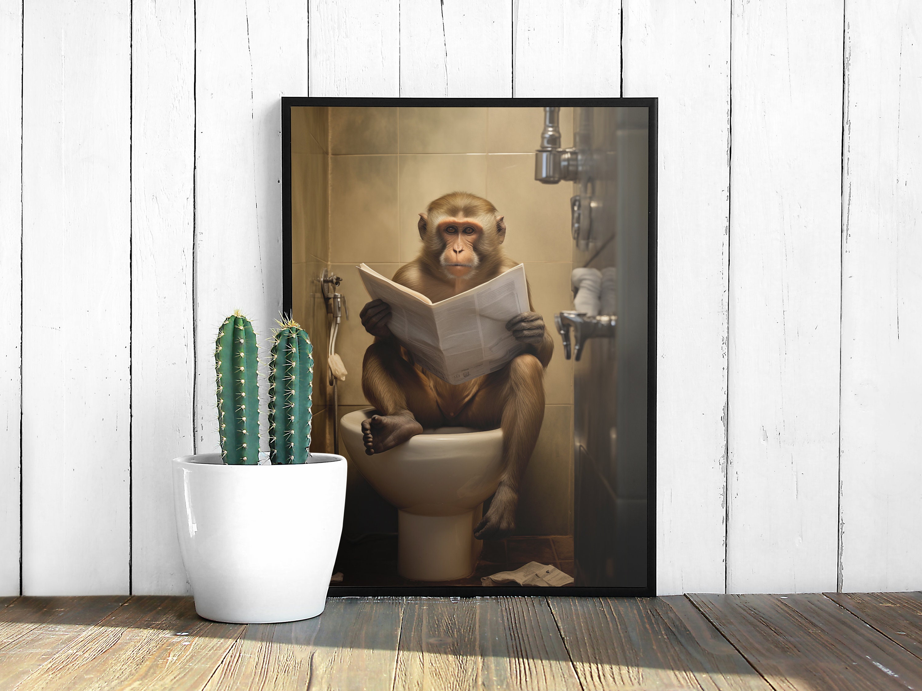 Monkey Sitting on Toilet and Reading a Newspaper, Funny Animal Wall Art ...