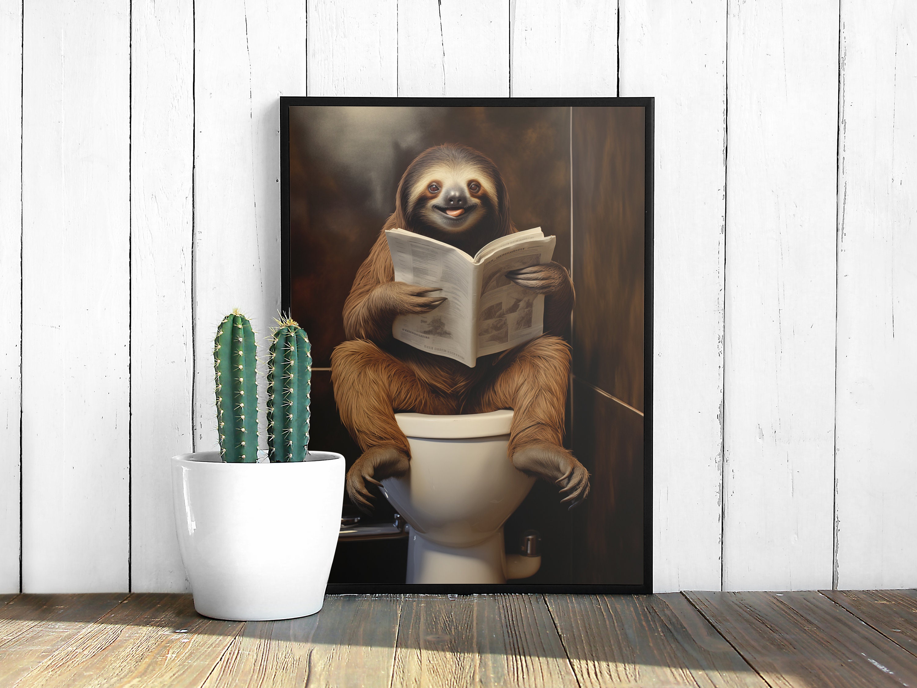 Sloth Sitting on Toilet and Reading a Newspaper, Funny Animal Wall Art ...