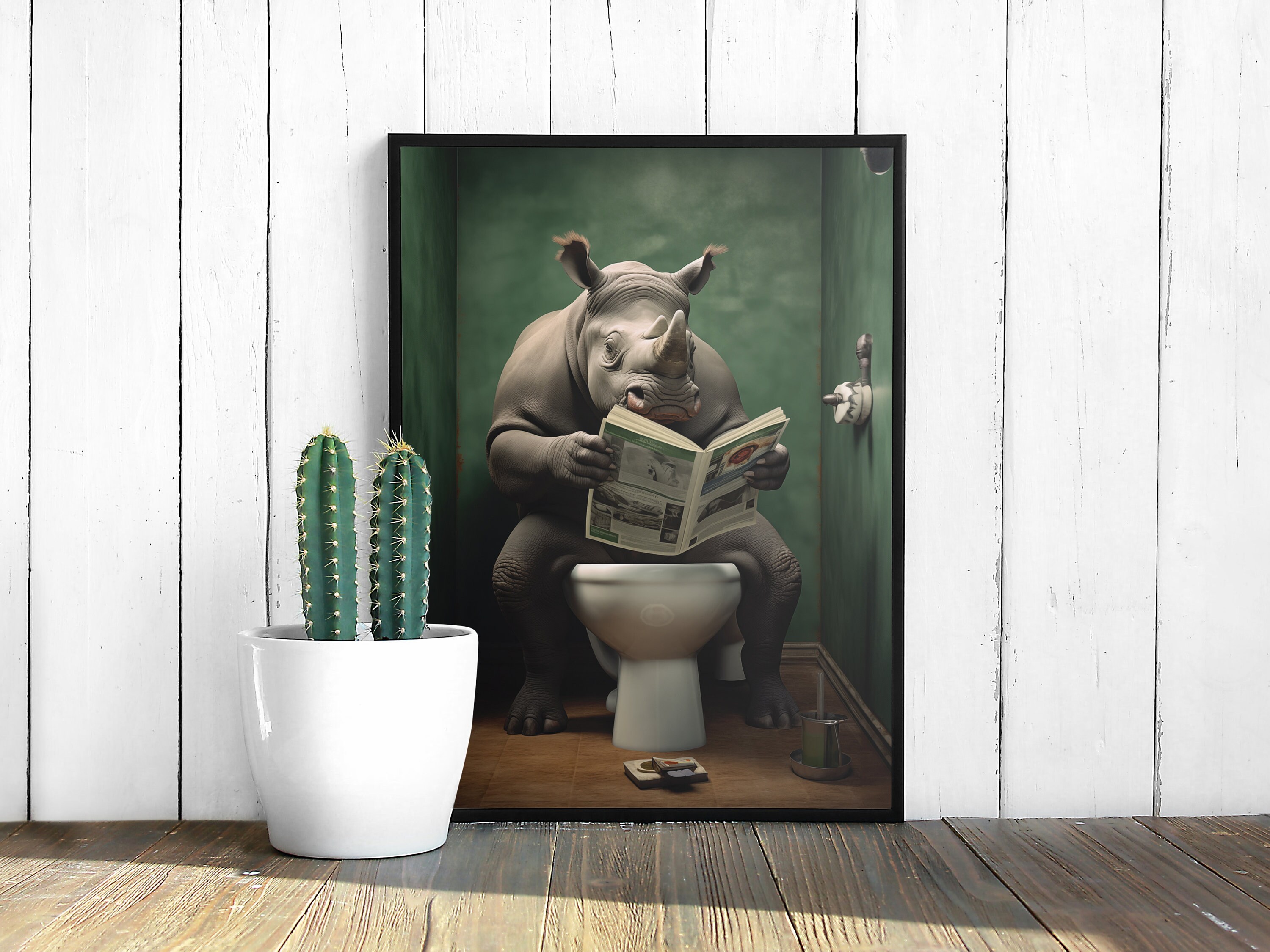 Rhino Sitting on Toilet and Reading a Newspaper, Funny Animal Wall Art ...