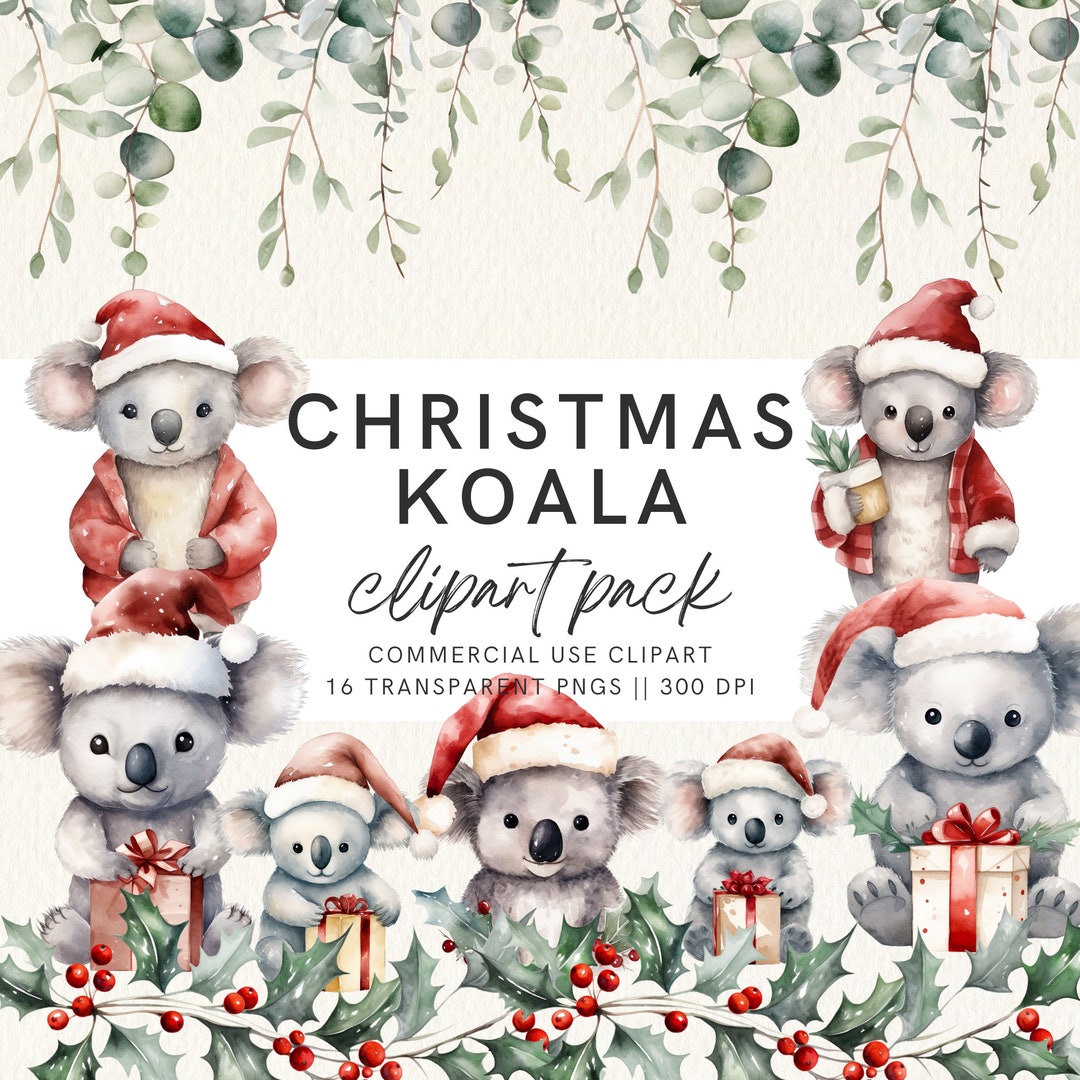 16 Watercolor Christmas Koala Clipart Wreaths Garlands Transparent PNG ...