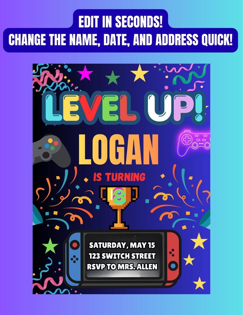 Video Game Birthday Invitation, Neon Gamer Party Invite, Level up Theme ...