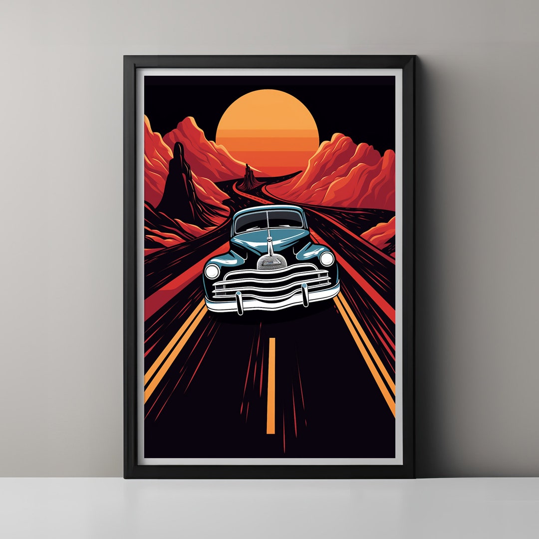 Vintage-inspired Car Artwork, Nighttime Alien Highway Drive, Woodcut ...