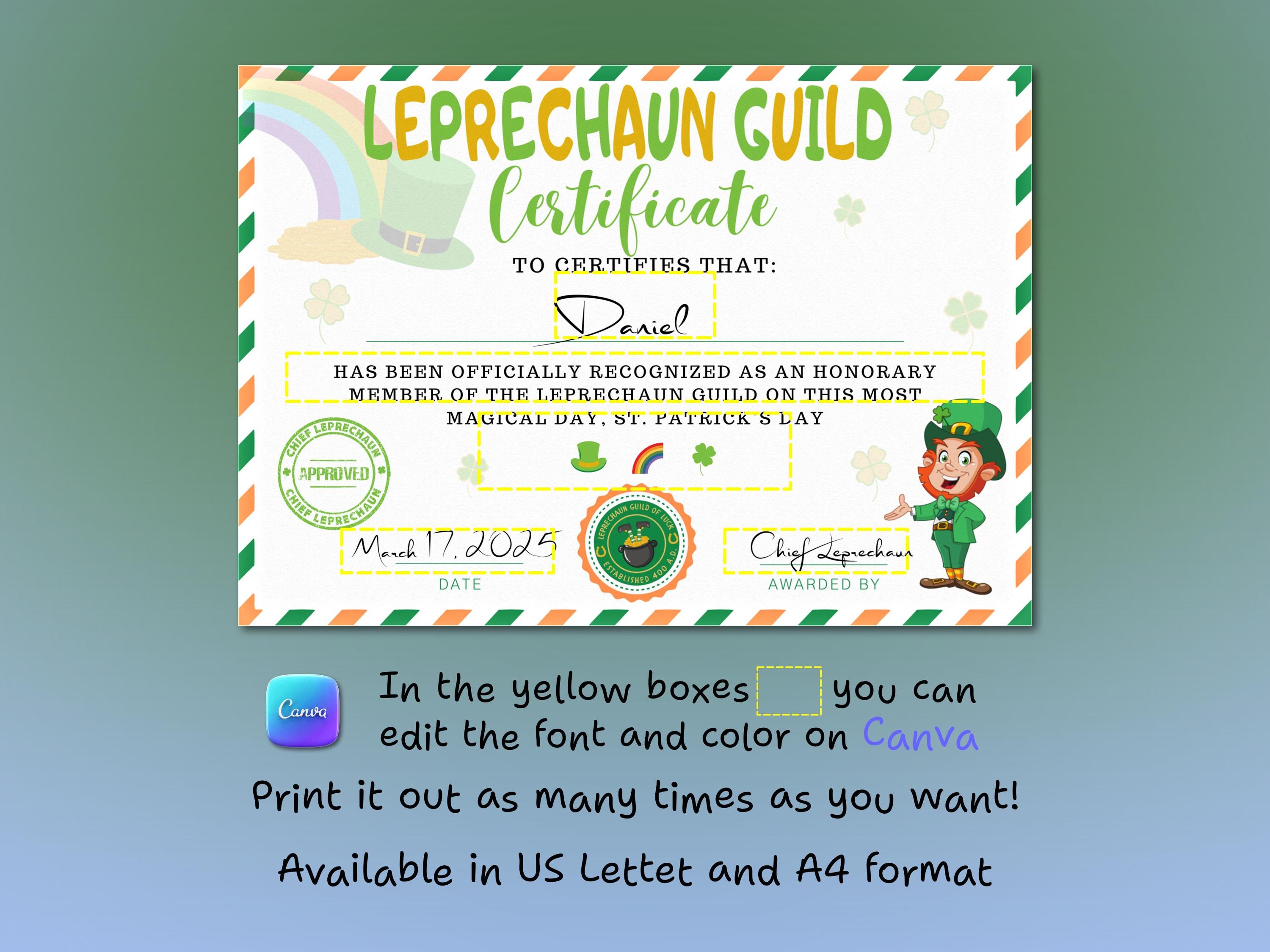 Editable Leprechaun Guild Certificate | Kids' St. Patrick's Day ...